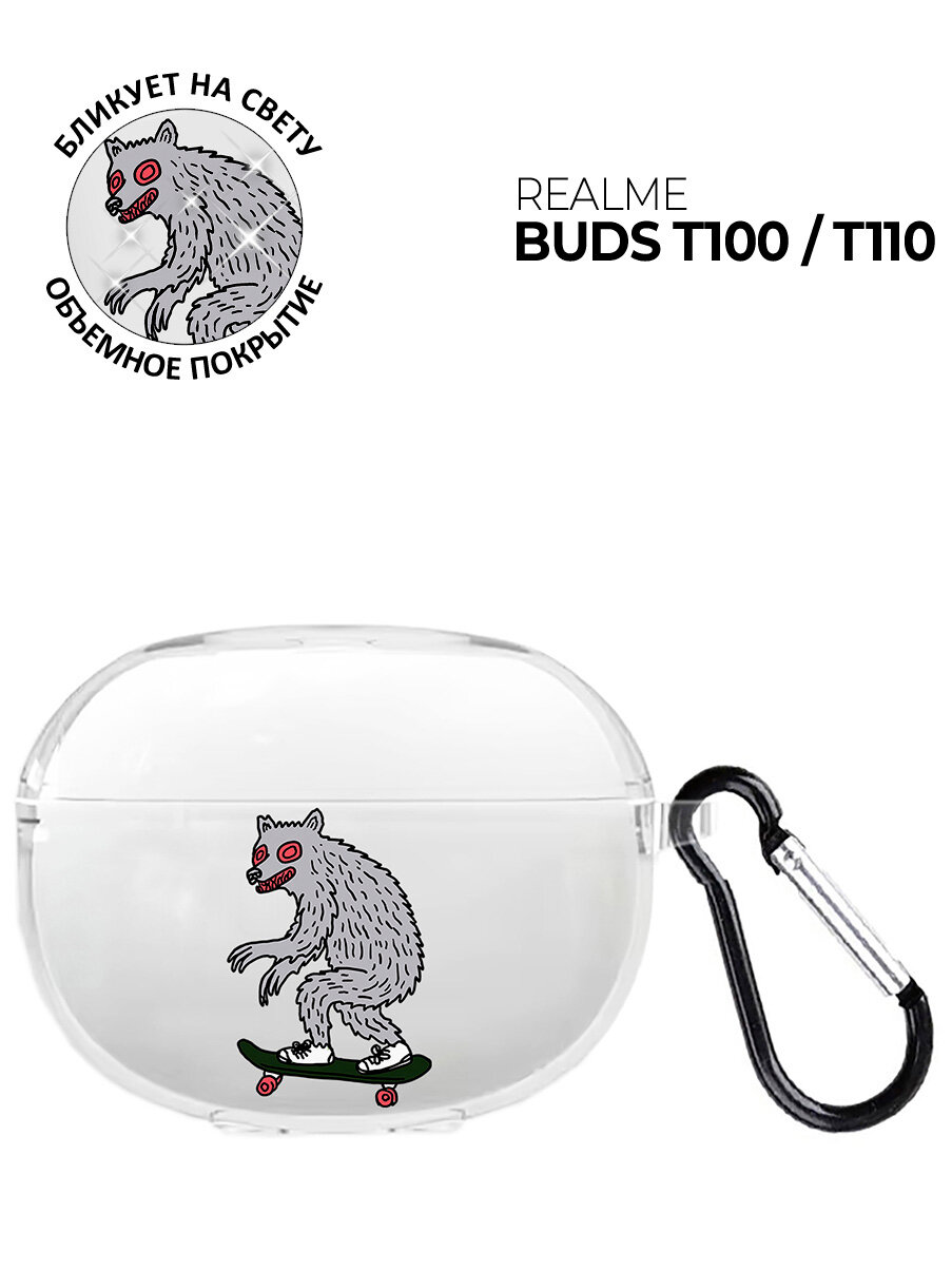 Чехол на Realme Buds T100 / T110 с принтом "Волк-неформал" прозрачный