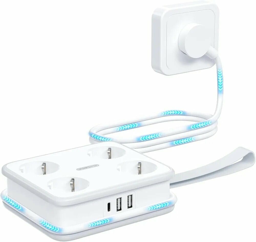 Сетевой фильтр NTONPOWER APP Удлинитель сетевой, 4 розетки 2 USB-A и 1 USB-C, 1.6 м удлинитель, Интеллектуальная идентификация быстрая зарядка, для путешествий домашних офисов