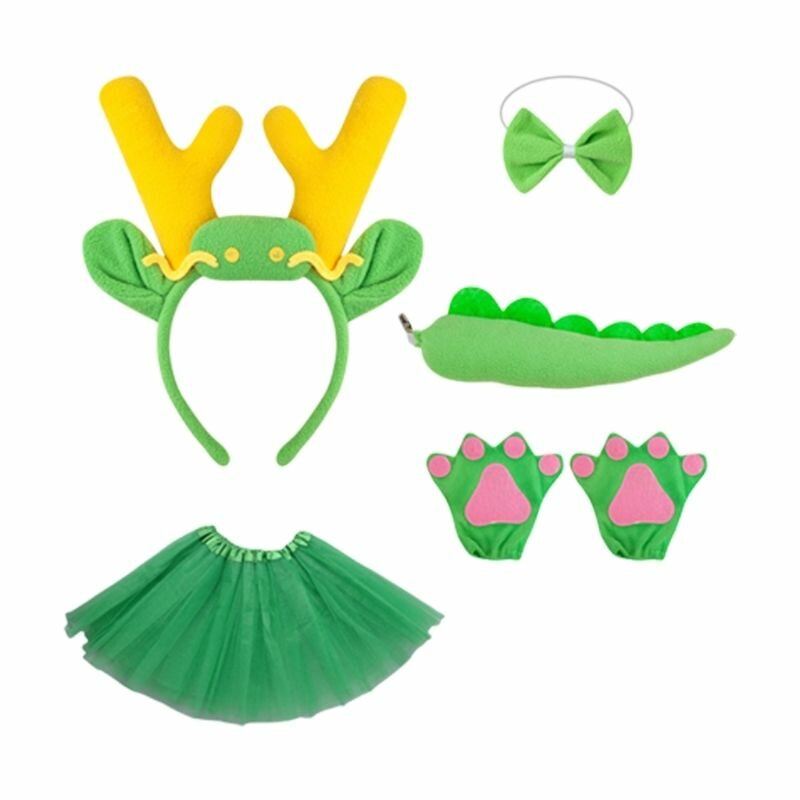 Аксессуары из драконьего рога-Флисовая одежда-тройка зеленого Драконьего рога плюс зеленые перчатки, травянисто-зеленая газовая юбка