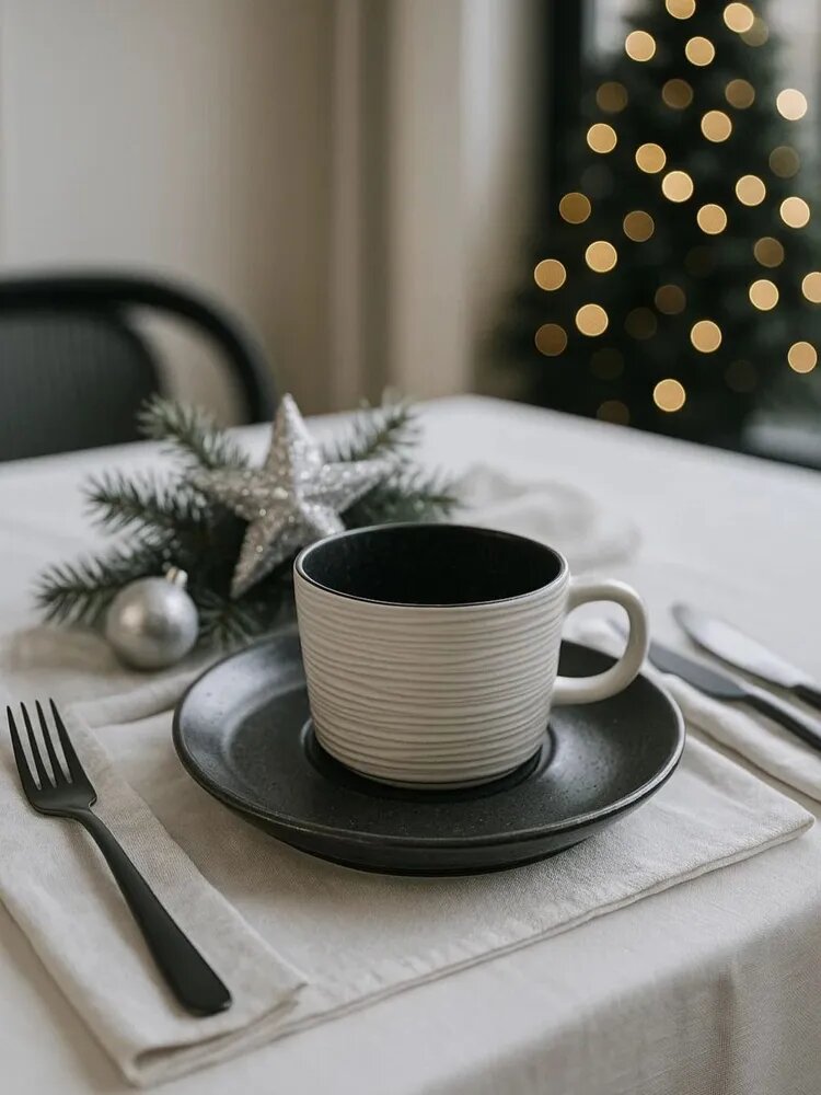 Чайная пара с блюдцем черно-белая Costa Nova "Notos Latitude Black" 1 шт, 200 мл. Профессиональная керамика. Португалия