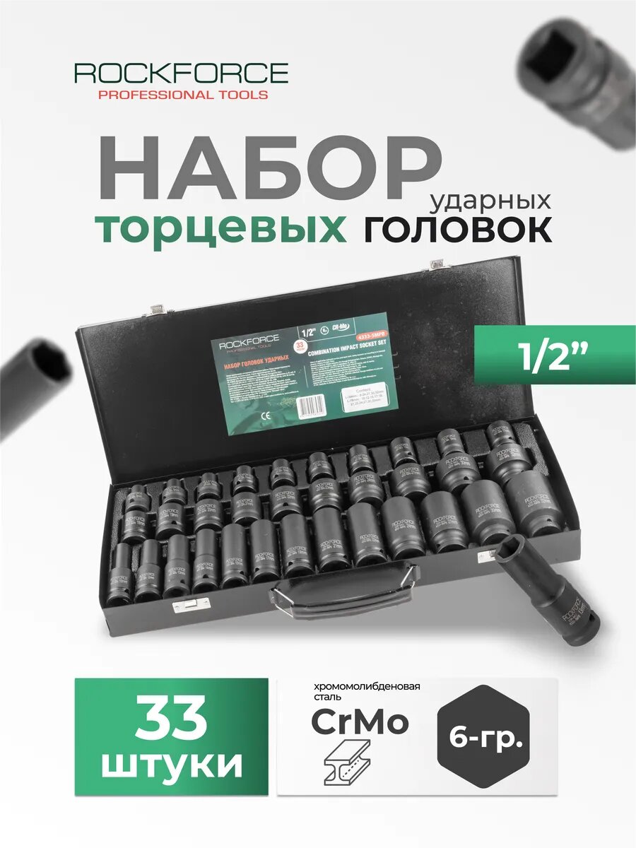 Набор торцевых 6-гр. ударных головок, 33 штуки