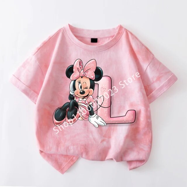 Футболка с короткими рукавами и принтом букв Минни Маус для мальчиков и девочек Диснея в стиле тай-дай. Футболка с круглым вырезом. Милые подарки для детей.