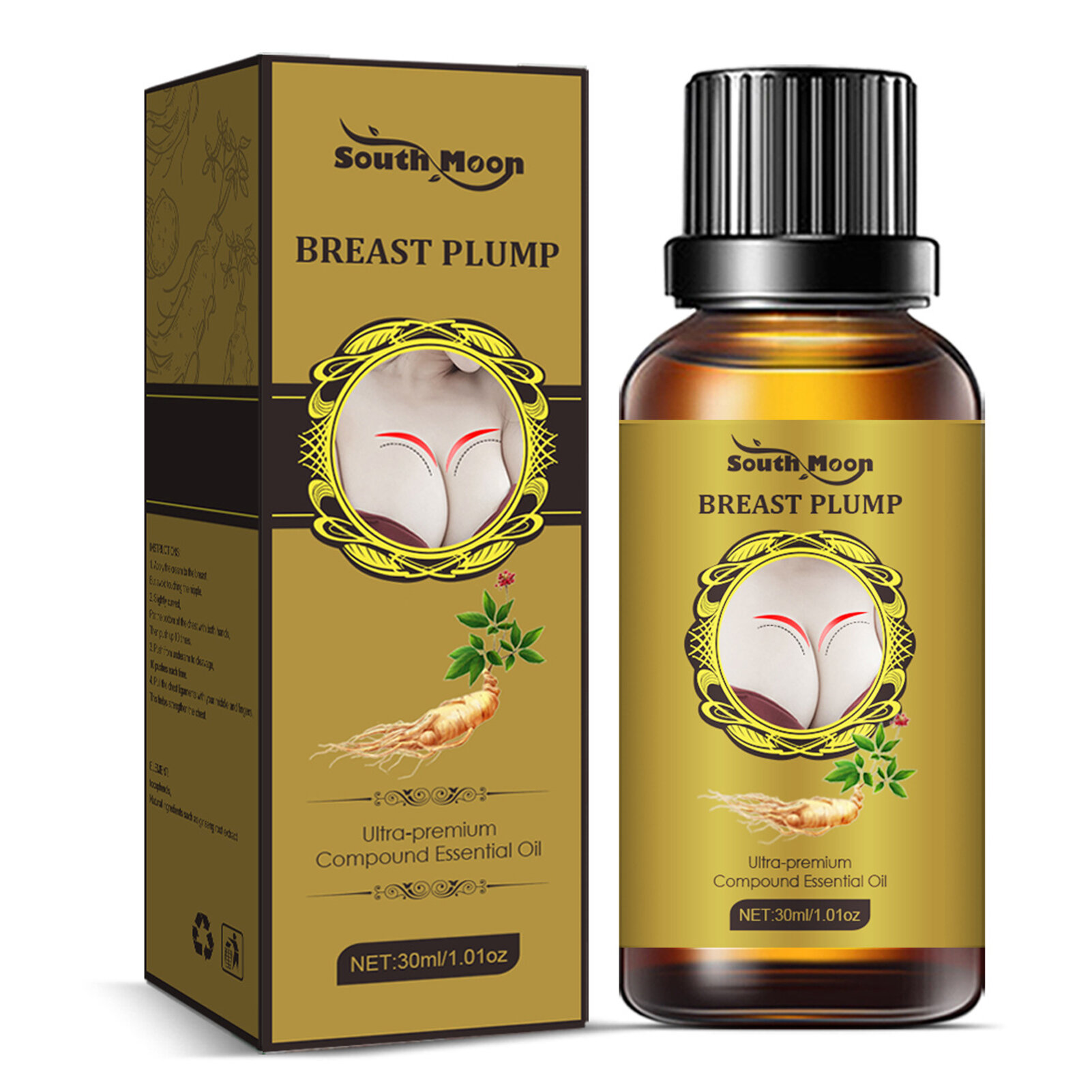South Moon 30ml Breast Plump Essential Oil, Ingredients Tocopherol Ginseng, Net Content 30ml, Item Size 80*28mm, Package Weight 46g, Package Size 90*30*30mm, Storage Method Cool Dry Place, Packing List 1*Breast Plump Essential Oil