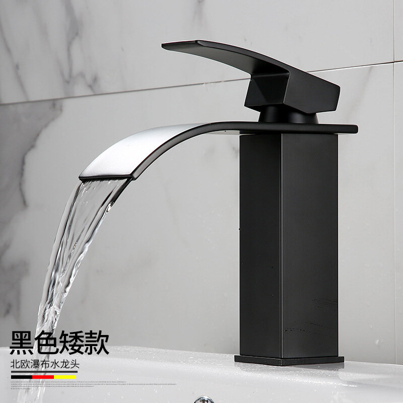 Кран для раковины с водопадом, черный, для ванной, с одним отверстием, горячая и холодная вода, скандинавский стиль