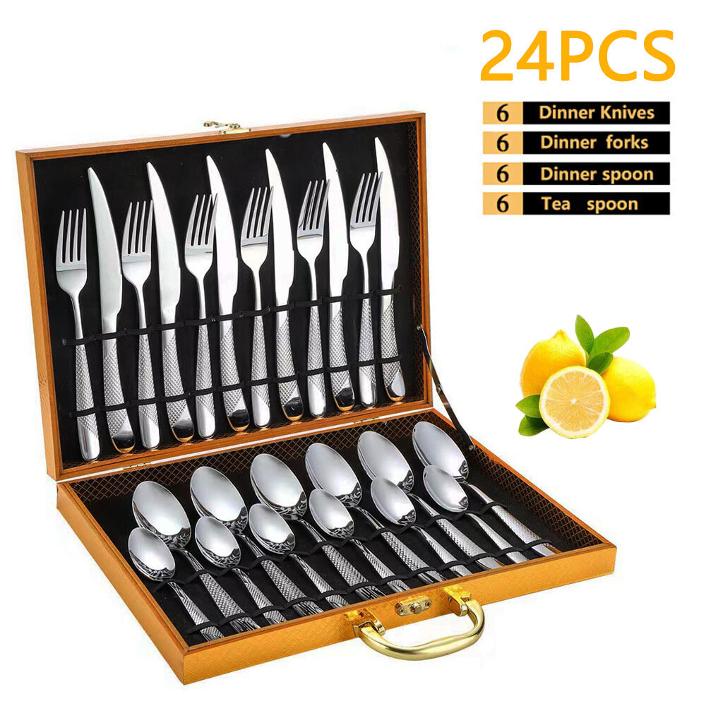 24-предметный набор ножей, вилок и ложек из нержавеющей стали, звездный алмазный набор столовых приборов, золотая деревянная коробка, западный набор столовых приборов