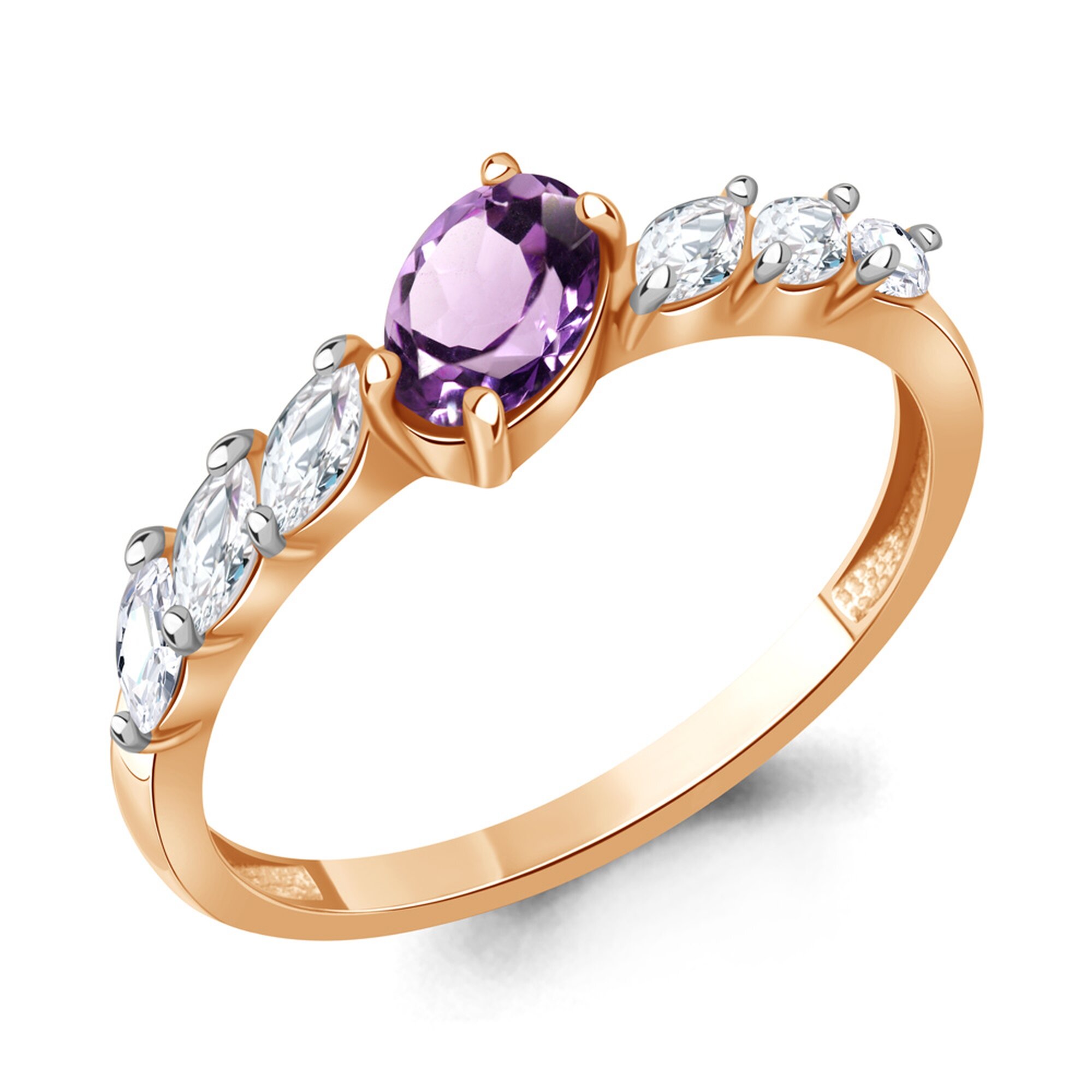 Кольцо, серебро, 925 проба, золочение, фианит, аметист