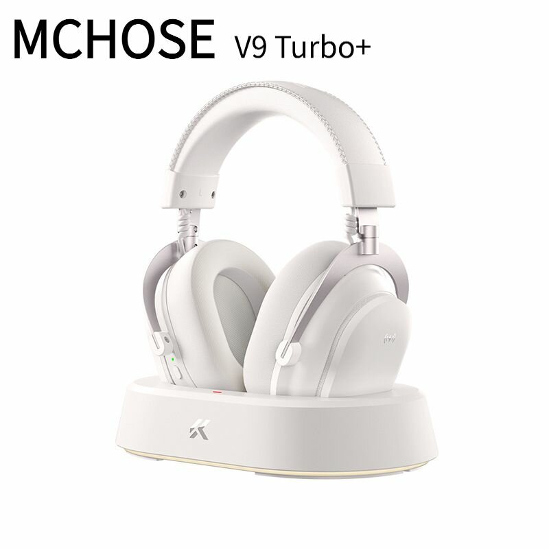 MCHOSE V9 Turbo+ Беспроводные игровые наушники (Bluetooth/2.4G/USB-C), 2000mAh Емкость аккумулятора, С микрофоном, RGB-подсветка-белый-серебристый-Наушники