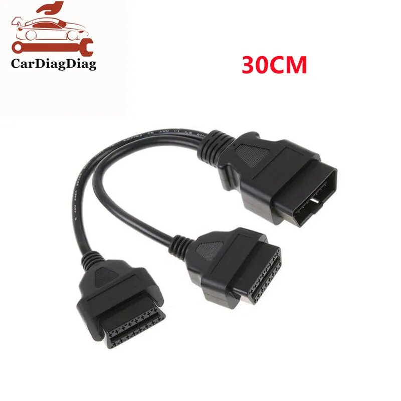 Кабель Диагностический OBD2 30 См, 16-контактный, Штекер-гнездо, Двойной Адаптер