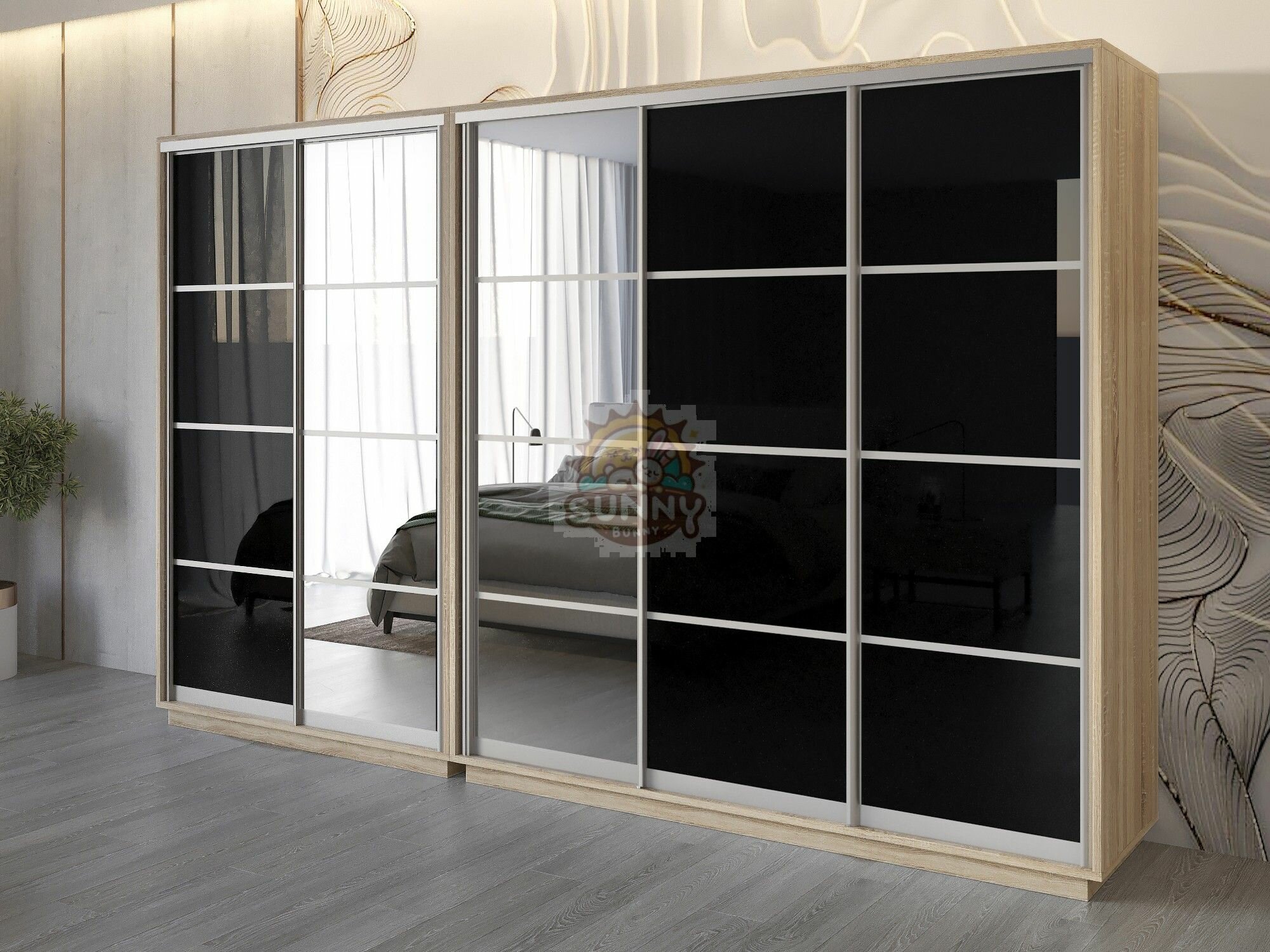 Шкаф-купе Флорида 5дв. (2+3) Стекло черное 3/Зеркало 2, профиль серебро, 300х60х220 см. Сонома