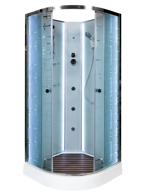 Душевая кабина DTO, с низким поддоном, гидромассажем и электрикой + LED, матовое стекло с узором, 90х90х208 см, серия EM