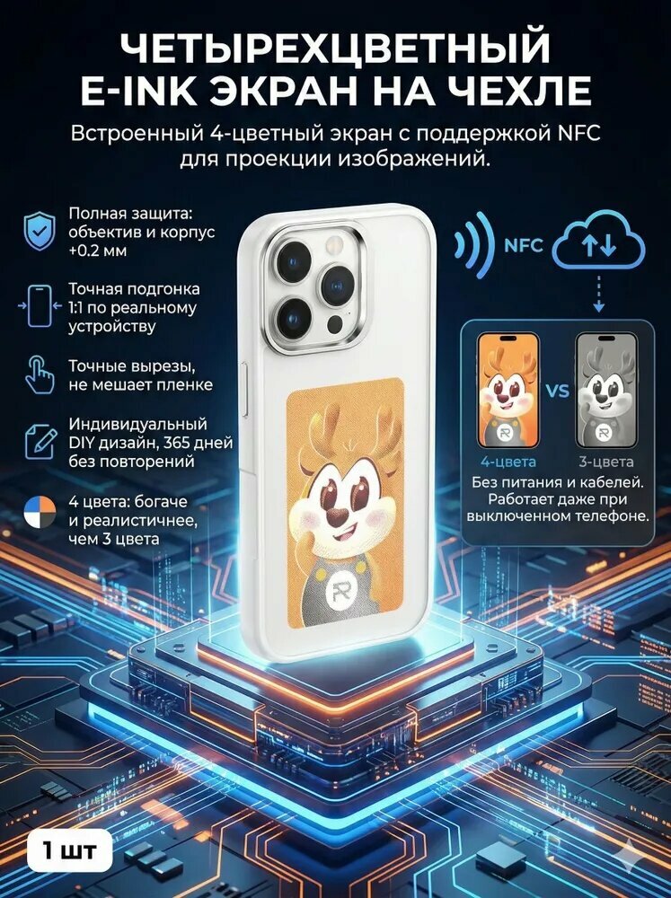 Чехол для iPhone 17 Pro Max: с электронной жидкокристаллической панелью (E-Ink) персонализированный, уведомления, защита , белый