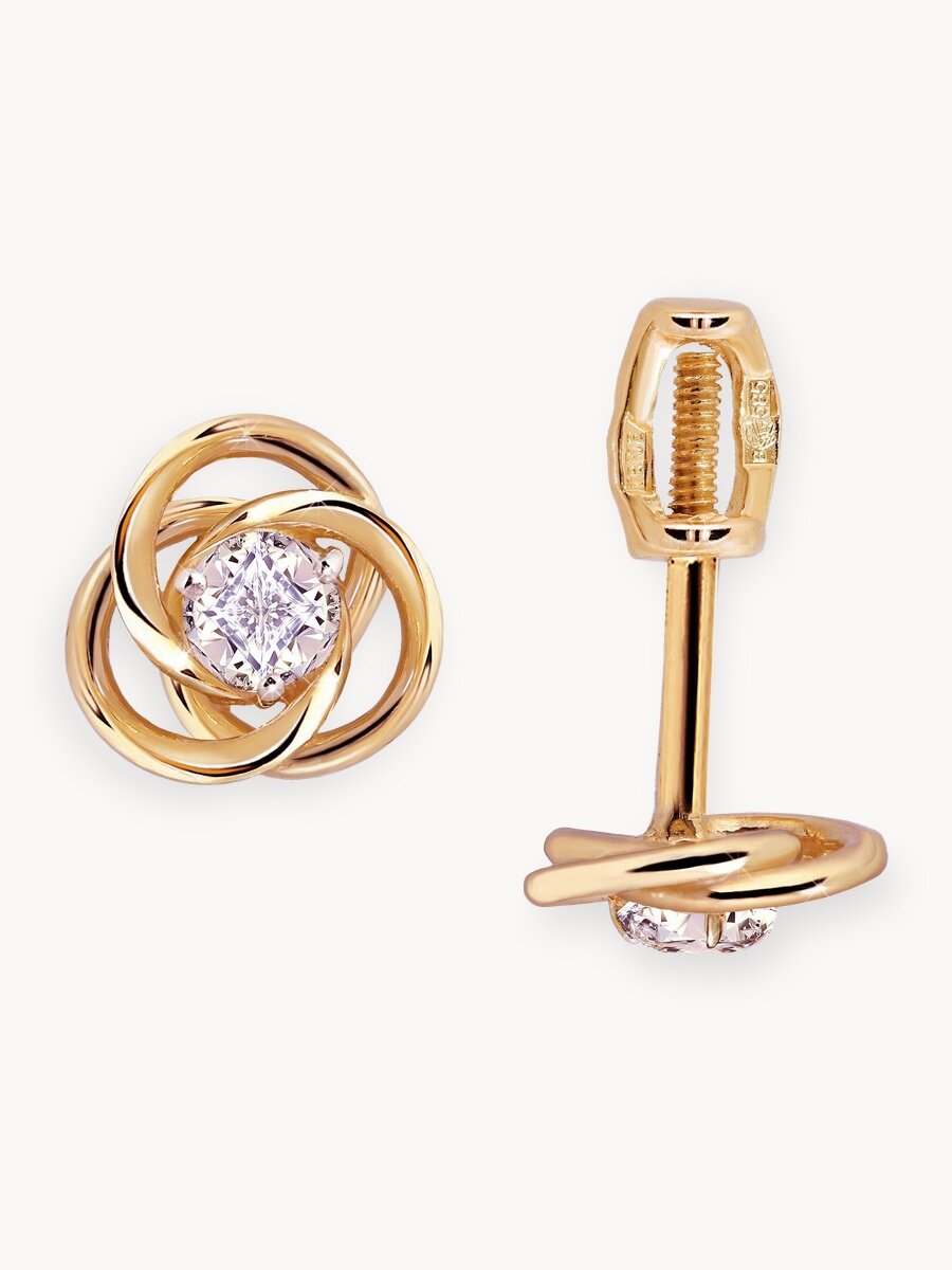 Серьги пусеты, красное золото, 585 проба, фианит