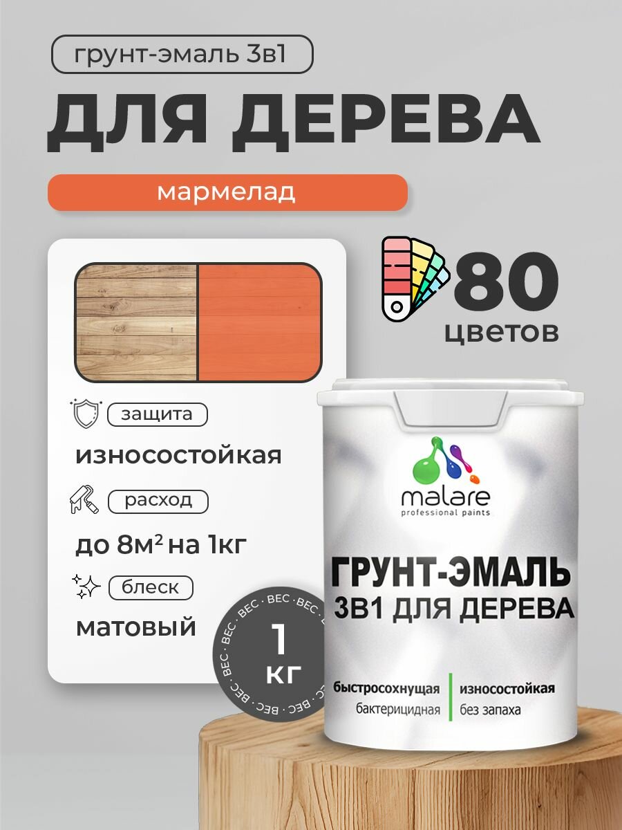 Акриловая Грунт-Эмаль 3 в 1 Malare для деревянных поверхностей/ краска по дереву с антисептическим эффектом/ быстросохнущая моющаяся без запаха матовая, мармелад, 1 кг