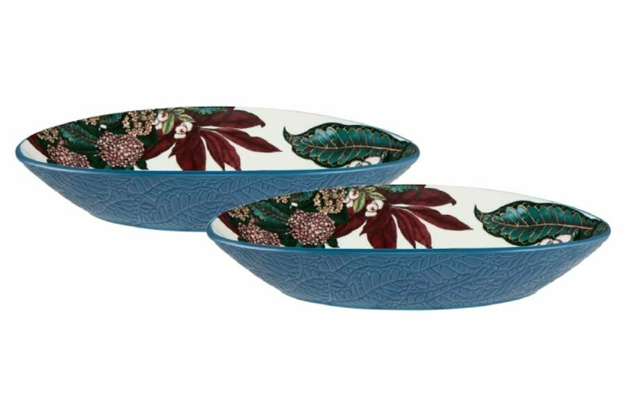 Набор 2 салатника, 25х17см, 600 мл, керамика, овальный, синий, Цветы и птица, Reminisce (Maxwell&Williams)