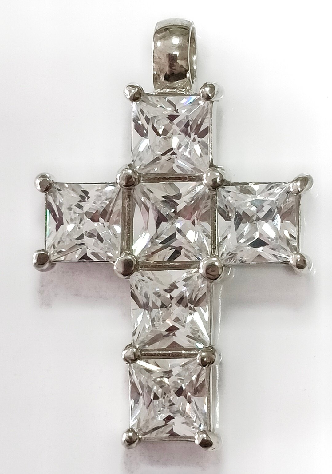 Крестик, серебро, 925 проба, родирование, фианит