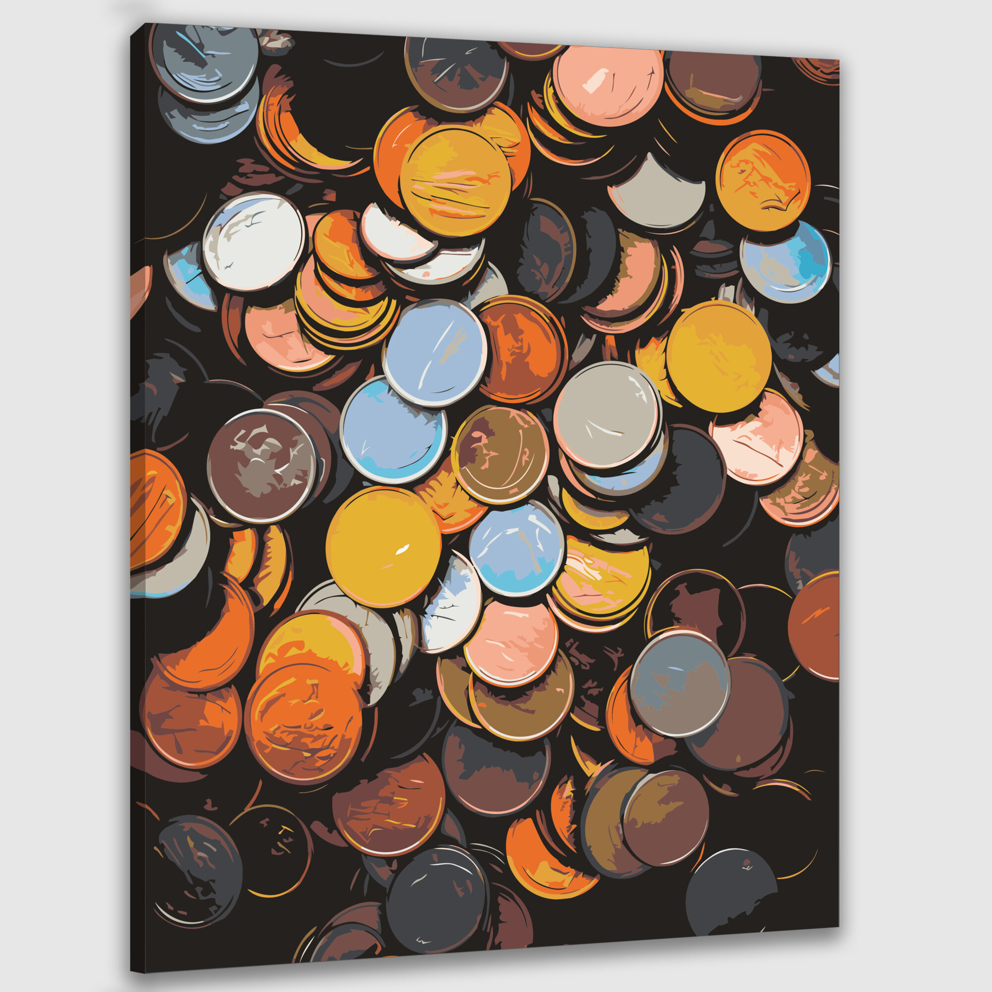 Картина по номерам 40x50 см, монеты, высокое разрешение, крупный план, яркие цвета, раскрашенные монеты