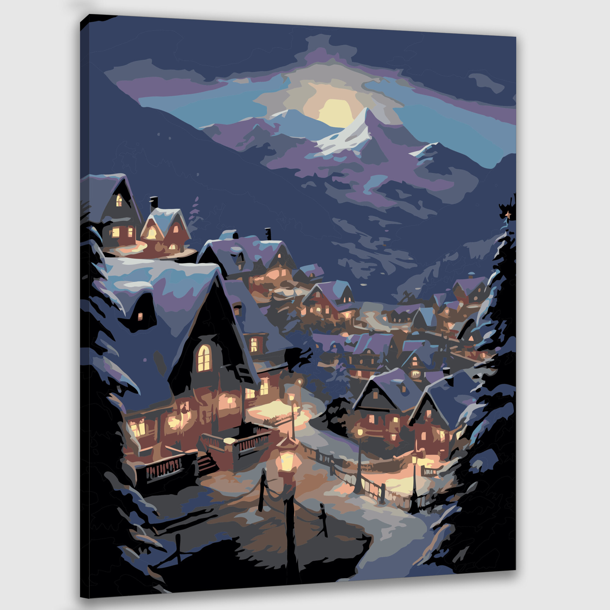 Картина по номерам 40x50 см, зимний пейзаж, канун Нового года, заснеженная деревня, горы, мерцающие огни