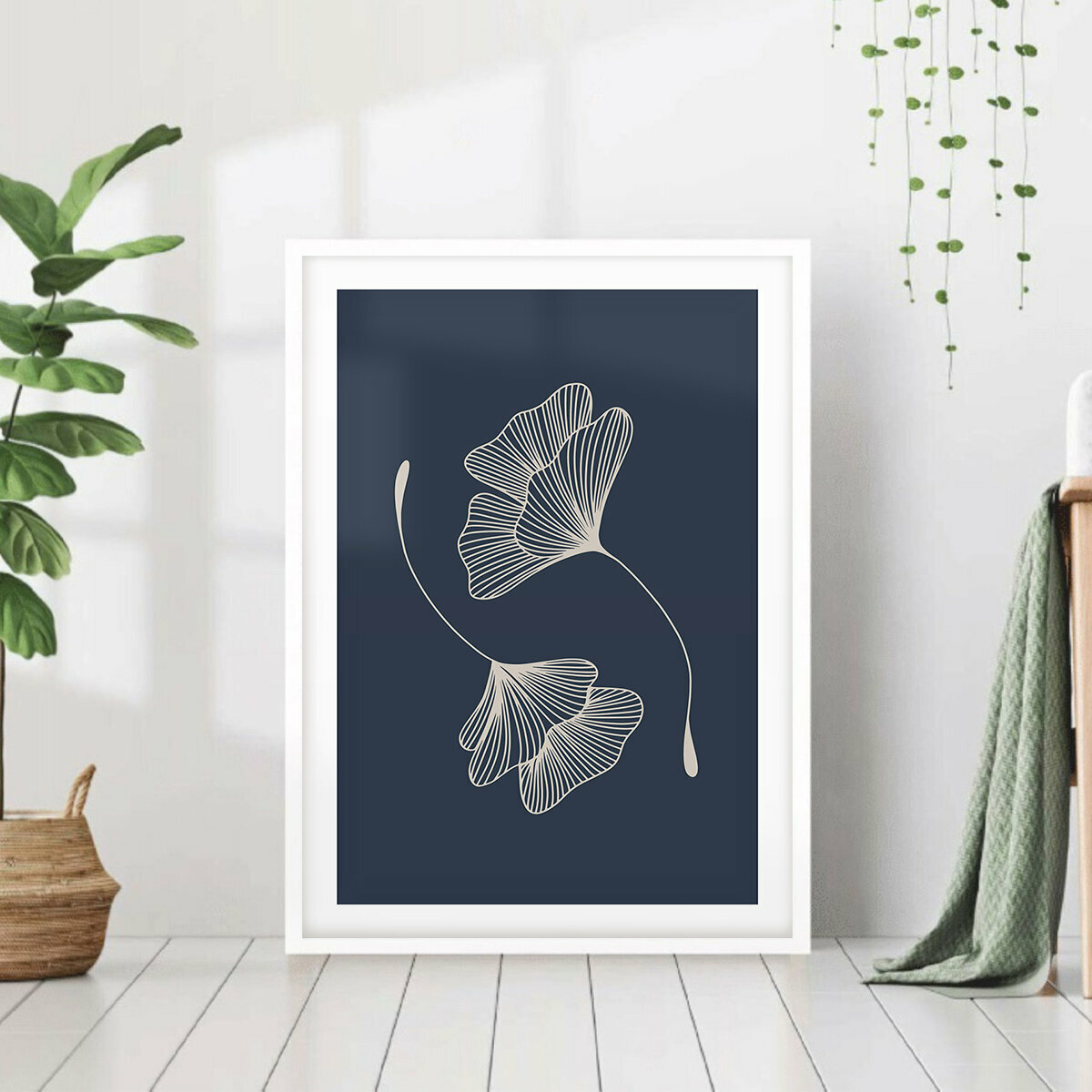 Постер "Два цветка на темном фоне рисунок" в белой рамке 40x50 см для интерьера на стену