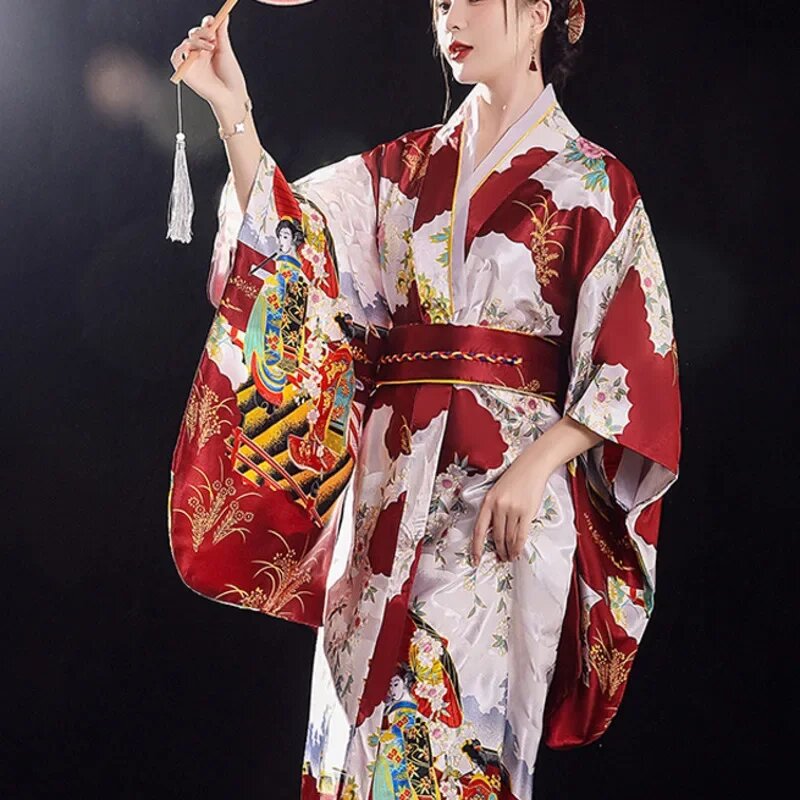 Женское шелковое кимоно с цветочным принтом Бордовый, Wine Red