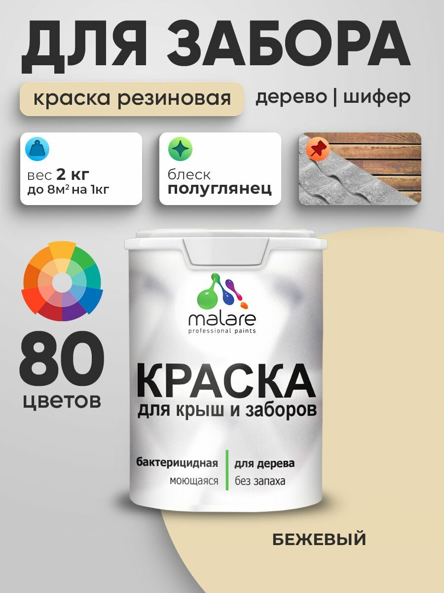 Резиновая краска Malare для деревянного забора/ по дереву для наружных и внутренних работ/ быстросохнущая моющаяся без запаха полуглянцевая, бежевый, 2 кг.