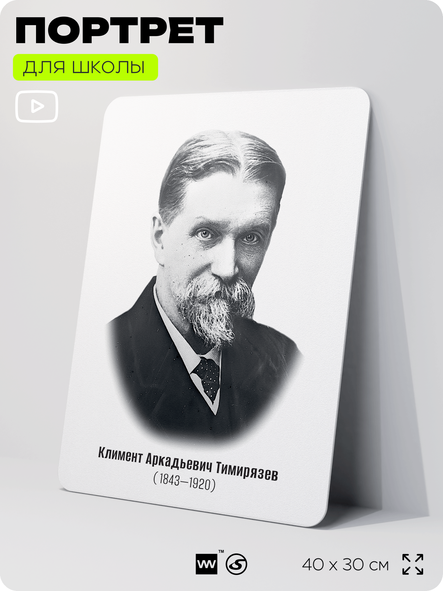 Портрет для школы в кабинет биологии "Климент Аркадьевич Тимирязев", стенд школьный для класса, деятели науки для оформления классного уголка, 40х30 см, Silver Plane x Айдентика Технолоджи