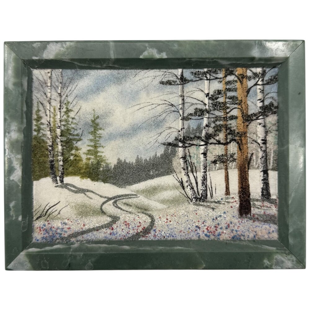 Картина "Зимняя дорога", 13*17 см, нефрит, лазурит, каменная крошка, 1995-2000 гг, Урал, Россия