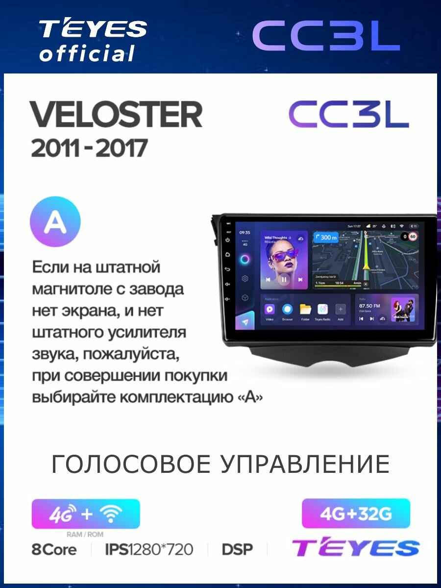 Магнитола Hyundai Veloster FS 2011-2017 (Комплектация A) Teyes CC3L 4/32GB, штатная магнитола, 8-ми ядерный процессор,