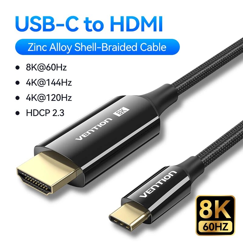 Кабель Vention USB-C — HDMI 8K/60Гц 4K/120Гц 8K60Hz-Zinc Alloy, 1.8m
