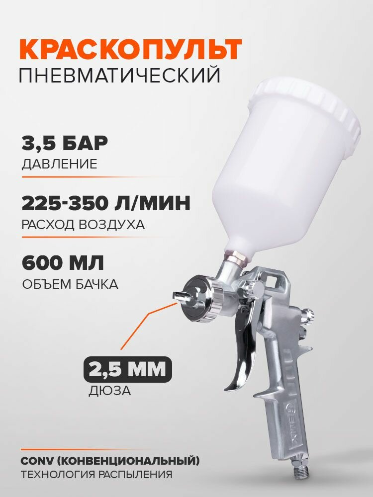Краскопульт пневматический CONV REMIX S-990G, сопло 2.5 мм, бачок 600 мл для авто, мебели и дерева, для компрессора
