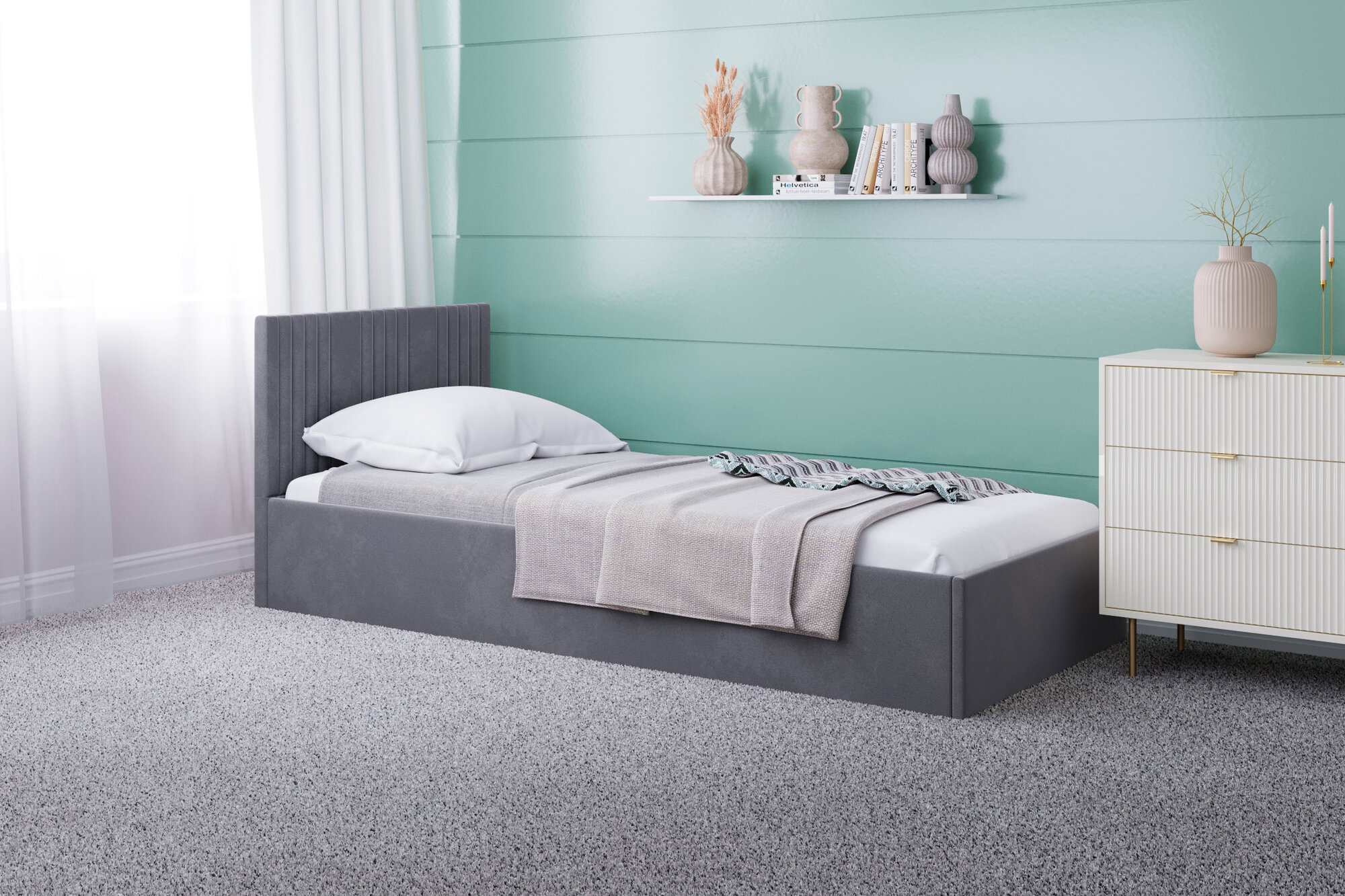 Кровать односпальная мягкая Нонтон Амелия, 90x200 см, ламели, подъемный механизм, велюр серый