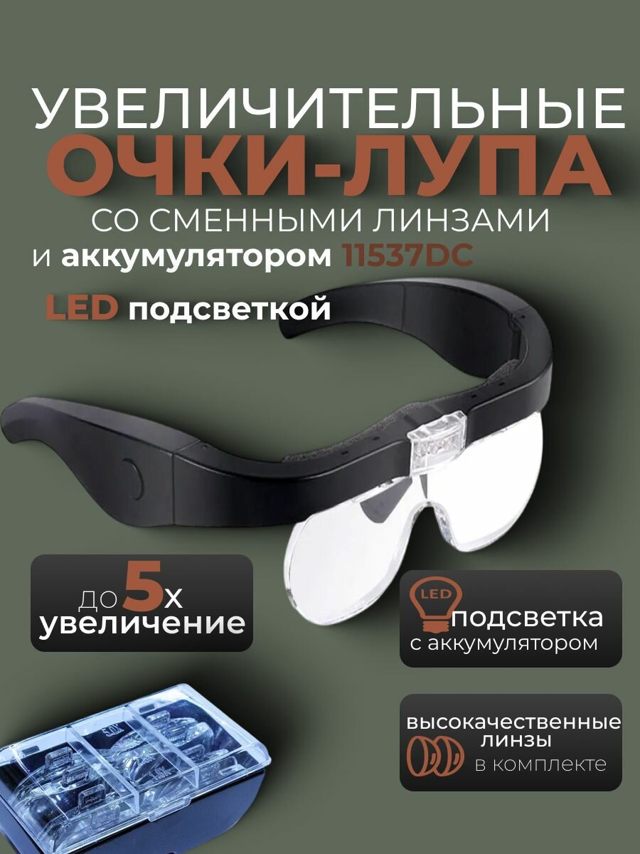 Лупа очки увеличительные со сменными линзами (1.5х, 2.5х, 3.5х, 5х) и аккумулятором 11537DC