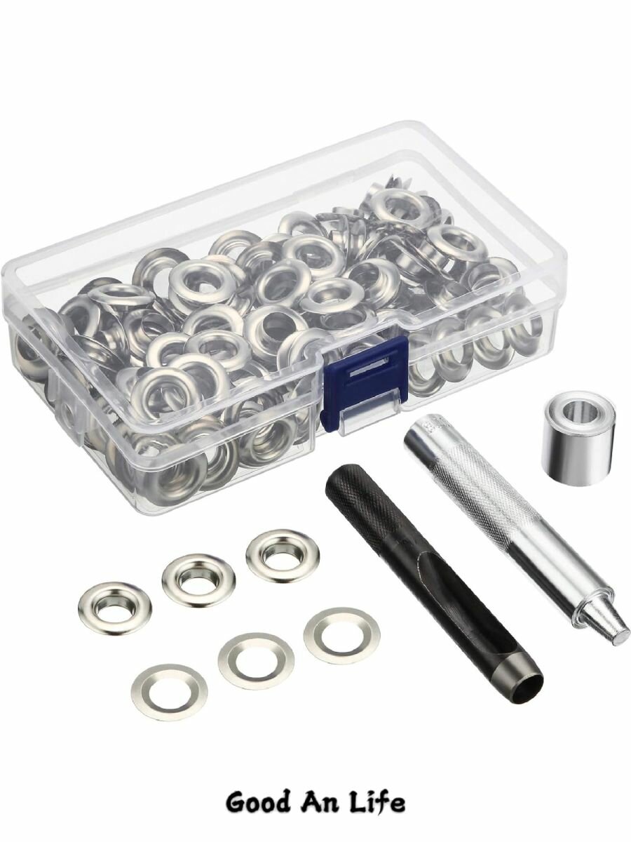 100 комплектов люверсов 8 мм, серебристые металлические кольца для ткани, кожи, брезента, штор, с 3 инструментами и органайзером, универсальный ремонтный набор