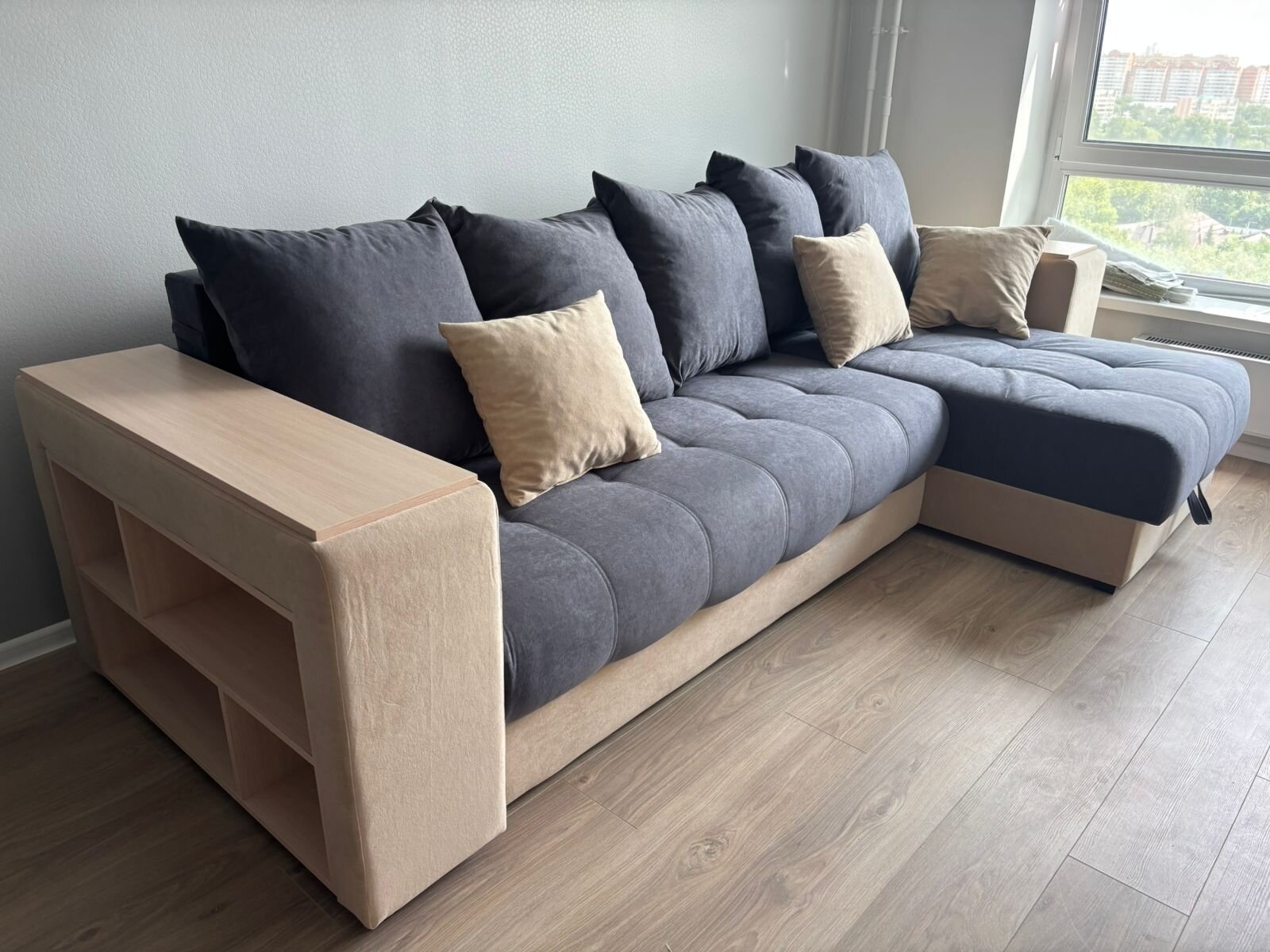 Диван угловой Дубай, 300х160х85см, наполнитель пружинный блок, ящик для белья, правый угол, RS-33, подлокотники RS-3