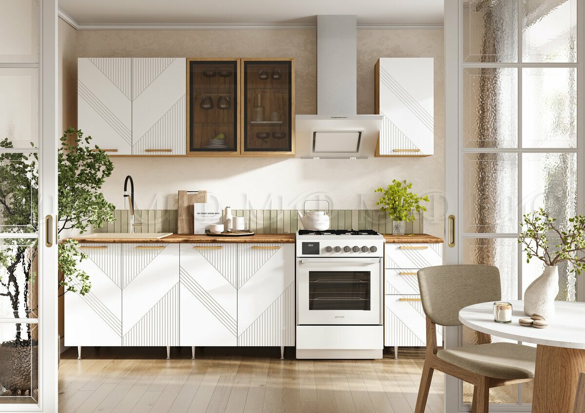 Кухня Миф Ирис 2,0м (490) Компановка №2 Браш Вайт, Дуб Крафт/ столешница Дуб вотан