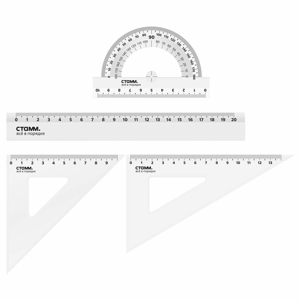 12 шт. Набор чертежный СТАММ, размер M (линейка 20см, 2 треугольника, транспортир), прозрачный, бесцветный, европодвес