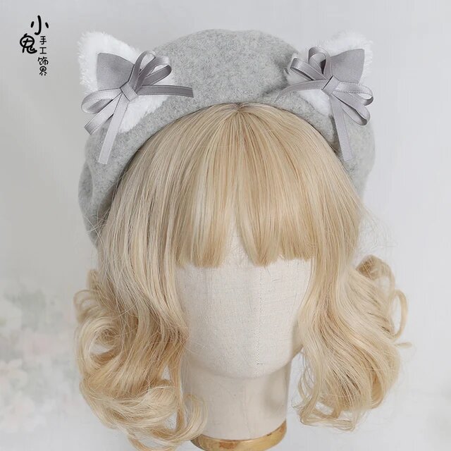 Женская шерстяная берета с бантом кошачьими ушками