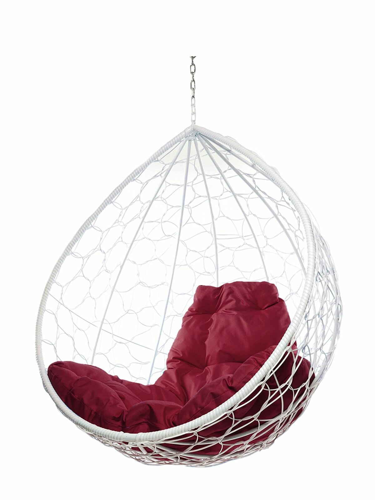 Подвесное кресло капля (без стойки), с ротангом белое, бордовая подушка