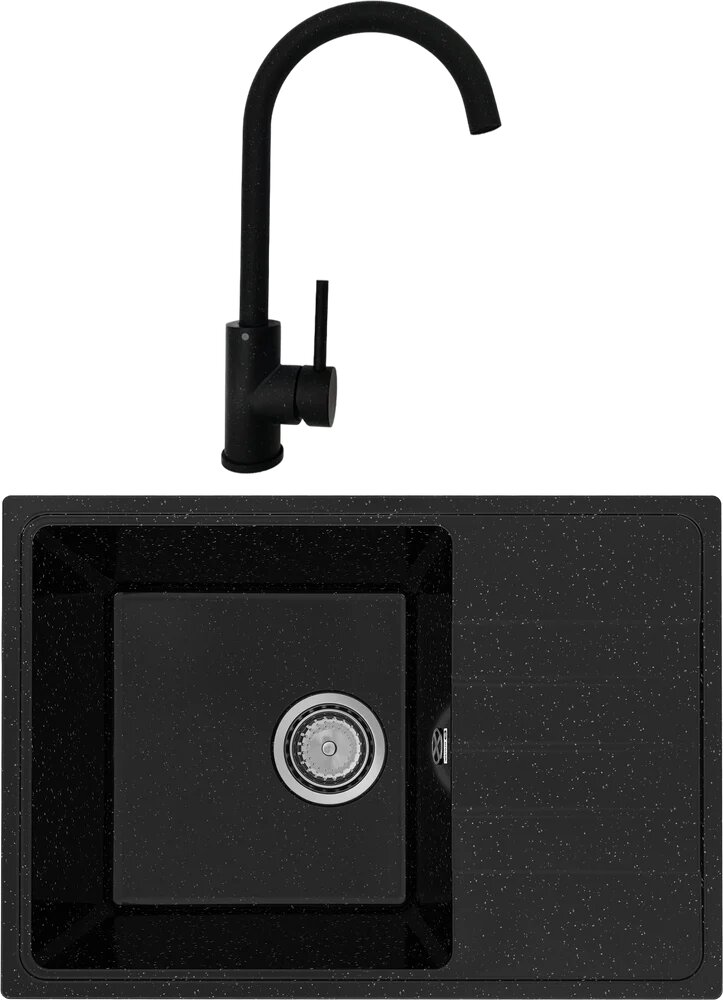 Комплект Мойка Practik PR-M 600-004, черный оникс / Смеситель РМС Sus124blk 017F, черный