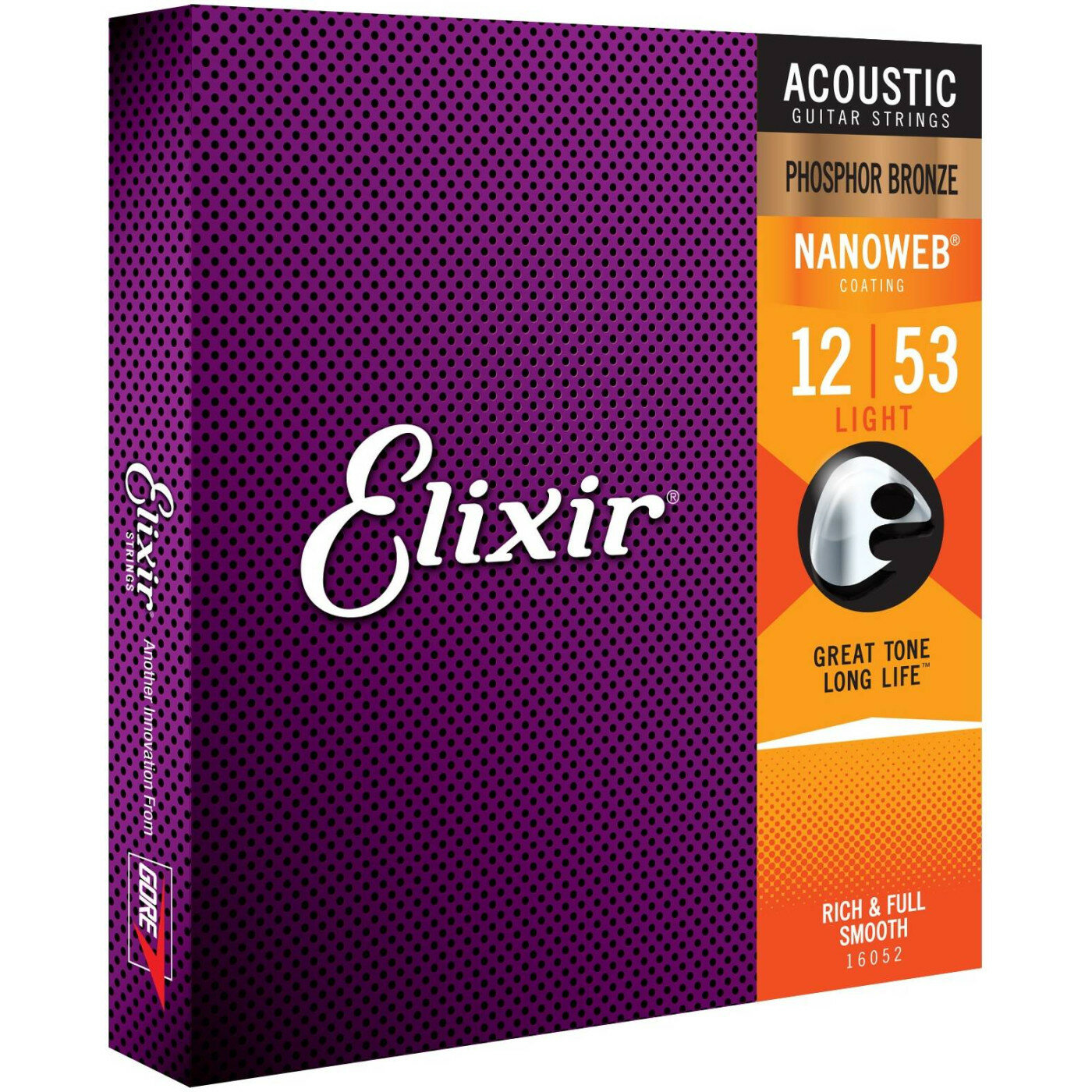 Elixir 16052 NanoWeb - Струны для акустической гитары (12-53), Phos Bronze, Light