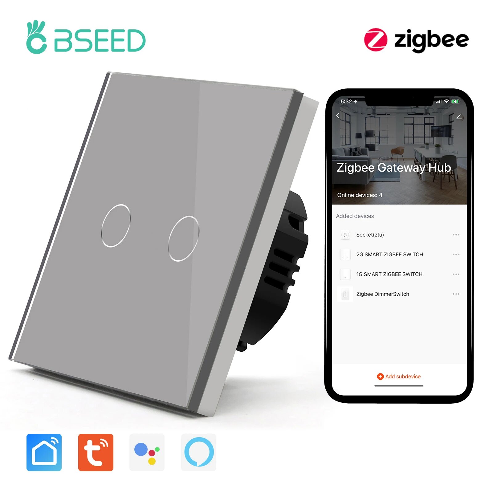 Bseed Zigbee 1/2/3Gang Стандарт ЕС Сенсорный выключатель света Одиночный умный настенный выключатель Smart Life Google Home Голосовое управление, Grey 2 Gang, Европейский стандарт