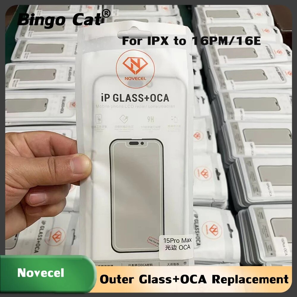 Novecel 10 шт. 1:1 ORI Стекло с пленкой OCA для iPhone 16 15 14pro 14 pro max Передний экран Сенсорный ЖК-дисплей Внешнее стекло Восстановление For 14Pro