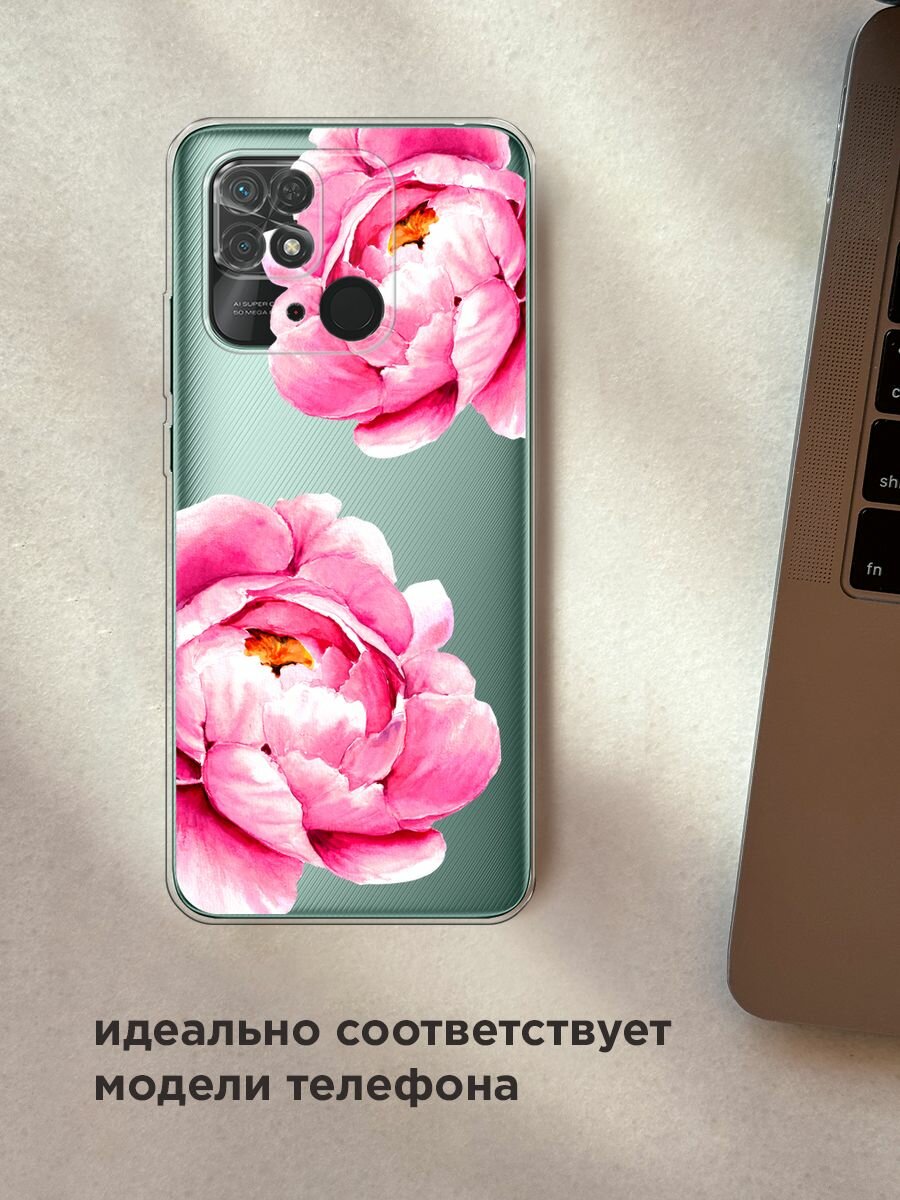 Чехол на Xiaomi Redmi 10C / Сяоми Редми 10C с принтом "Open peonies", прозрачный — фото 1