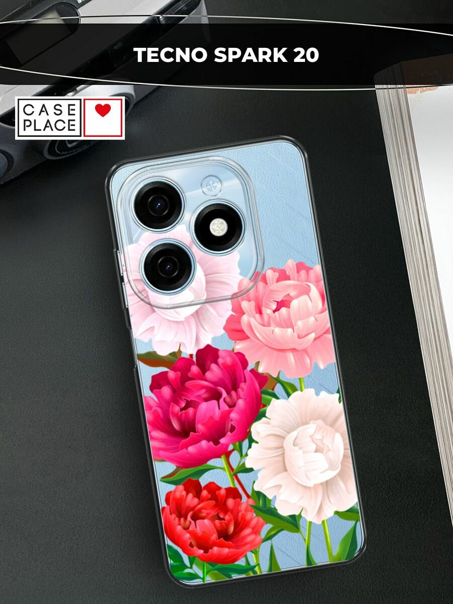 Чехол на Tecno Spark 20 / Текно Спарк 20 с принтом "Большие пионы", прозрачный
