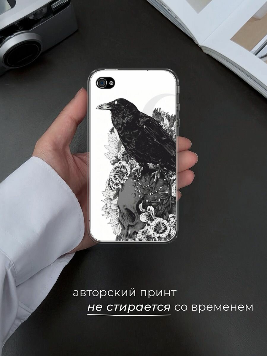 Чехол на Apple iPhone 4/4S / Айфон 4/4S с принтом "Череп и ворона 1" — фото 1