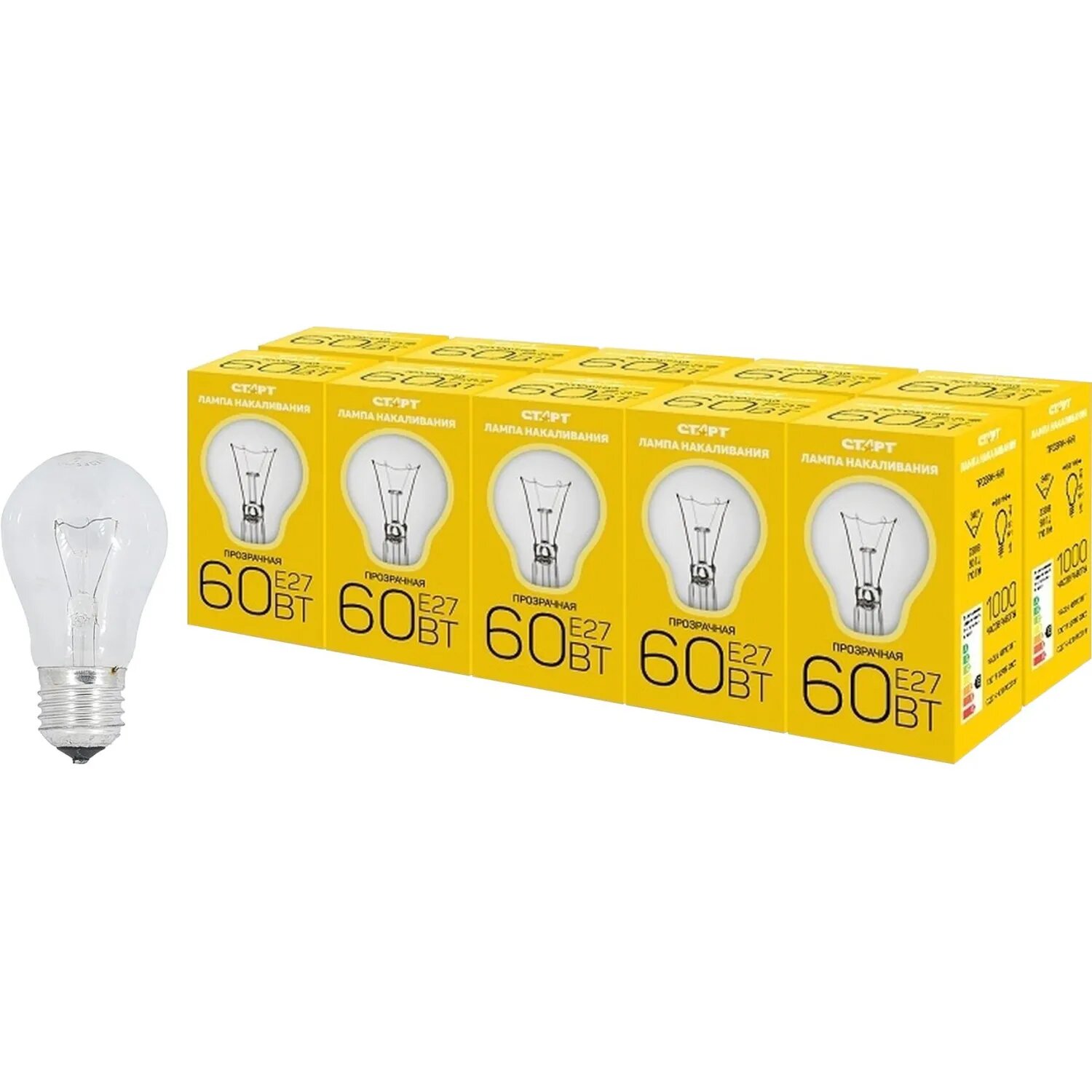 Электрическая лампа старт стандартная/прозрачная 60W E27 10 шт