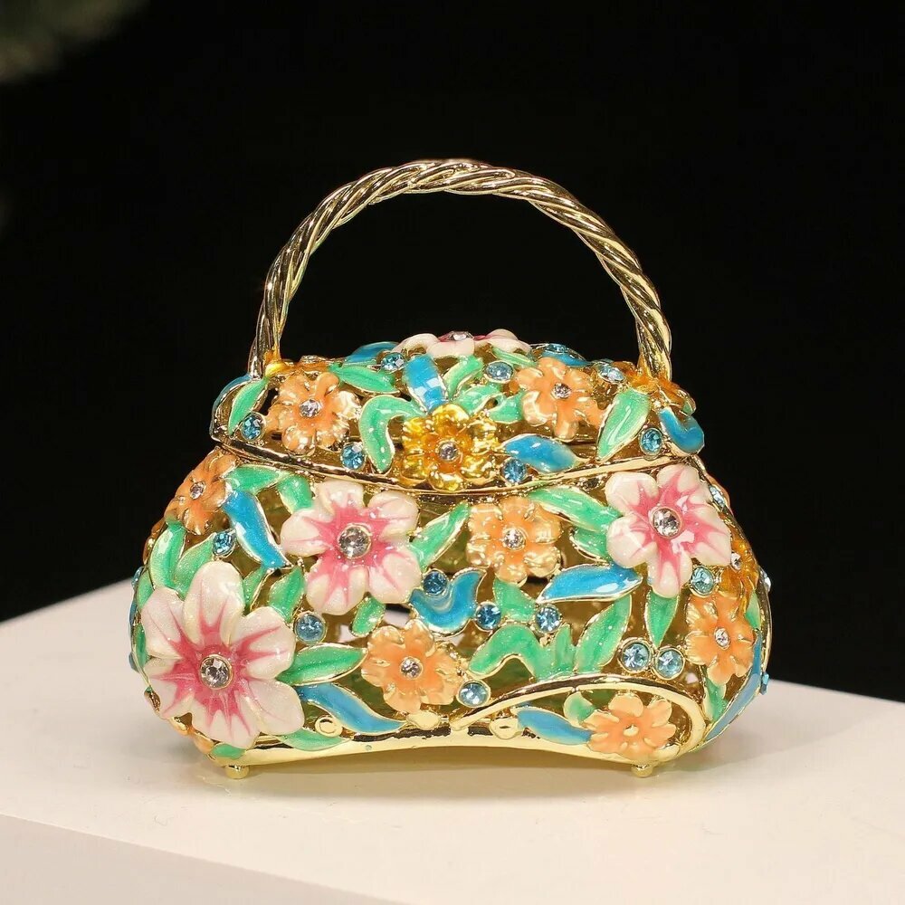 Винтажная шкатулка для украшений в виде плетёной корзинки с ручкой Эмалевое покрытие Размер 6x3.5x6 см