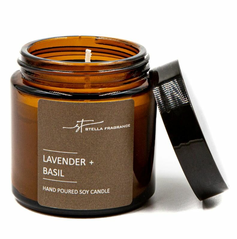 Свеча ароматизированная в стеклянной банке Stella Fragrance Lavender Basil коричневая 90 г