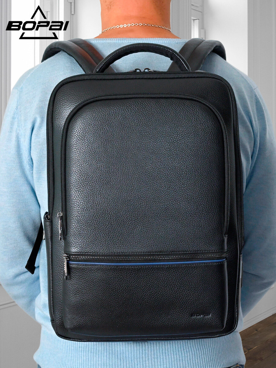 Рюкзак кожаный городской дорожный Bopai средний 17л, для ноутбука 15.6", водонепроницаемый, с USB портом, черный