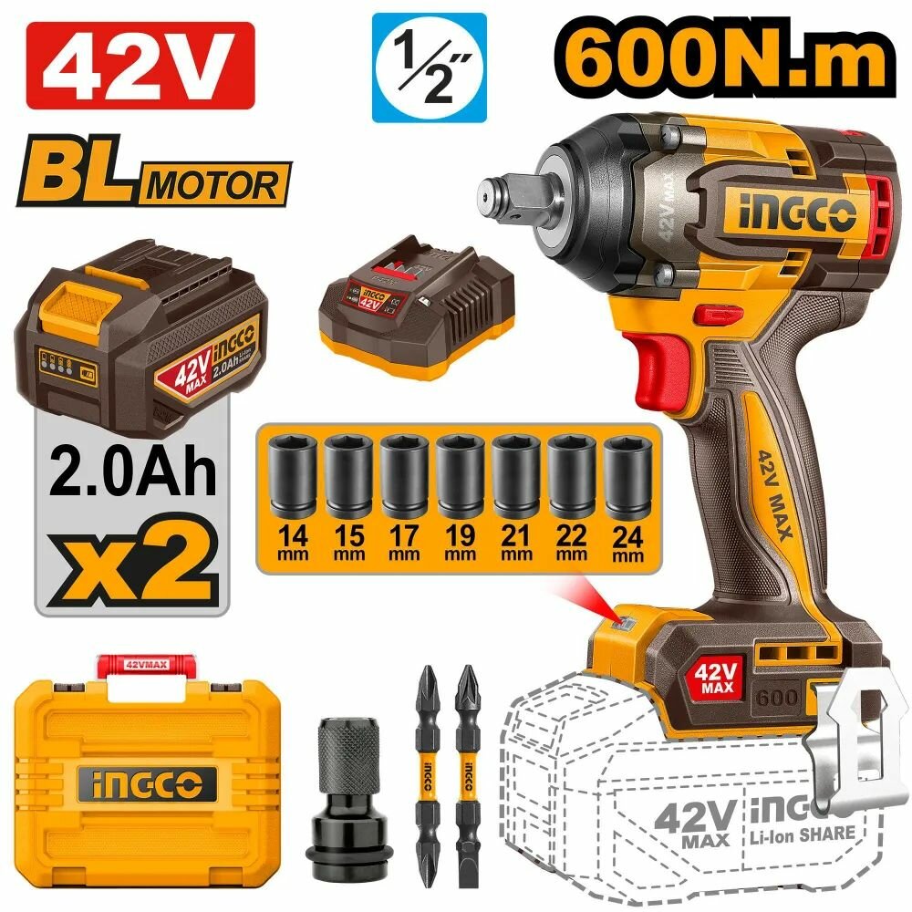 Аккумуляторный гайковерт BL 42В 600Hm 1/2, 2хАКБ и ЗУ кейс INGCO CIWLI42602 INDUSTRIAL