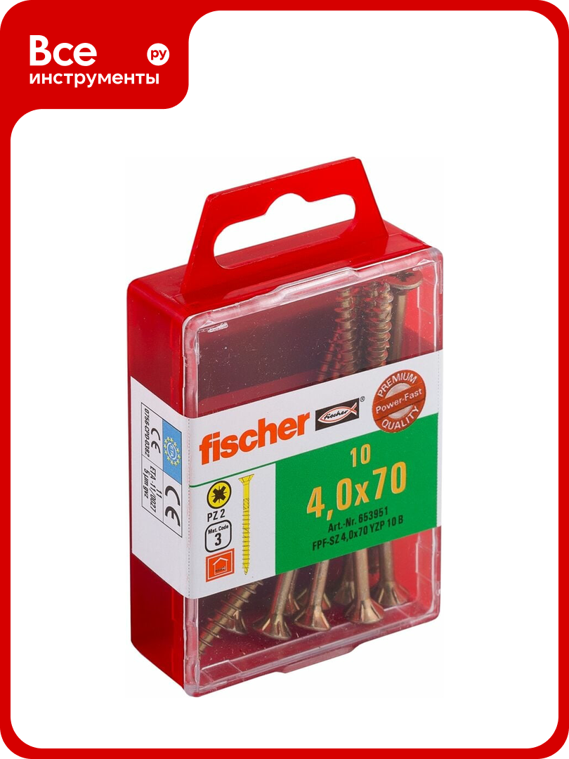 Шуруп для дерева Fischer fpf-sz 4,0x70 yzp, жёлтый, 10 шт, сталь, потайная головка, крупная резьба
